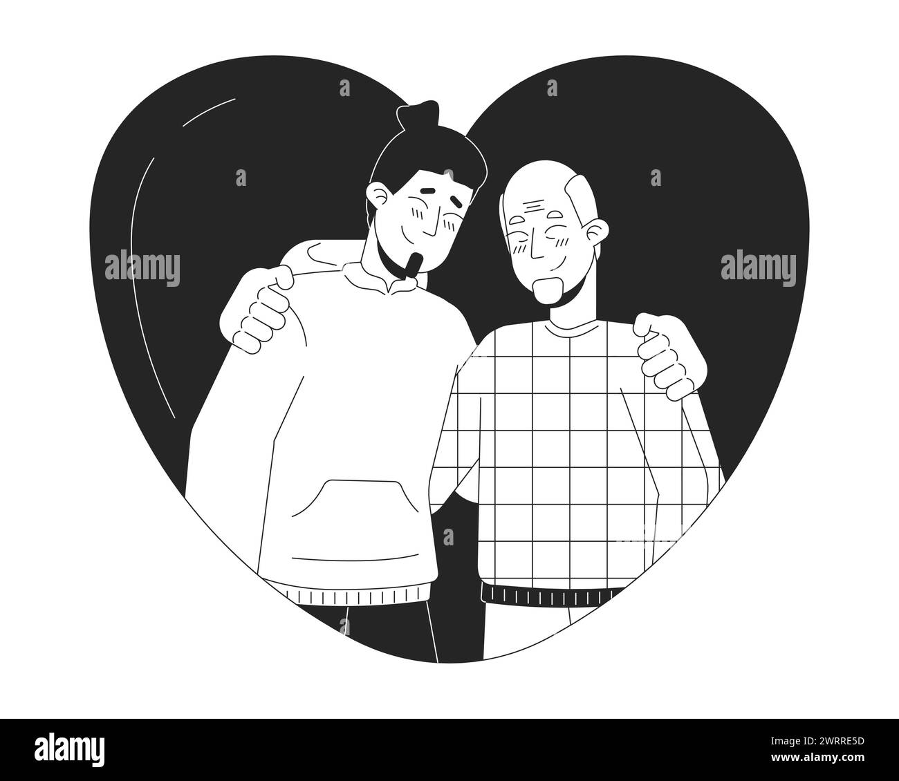 Heart-shaped hug father son older black and white 2D line cartoon ...