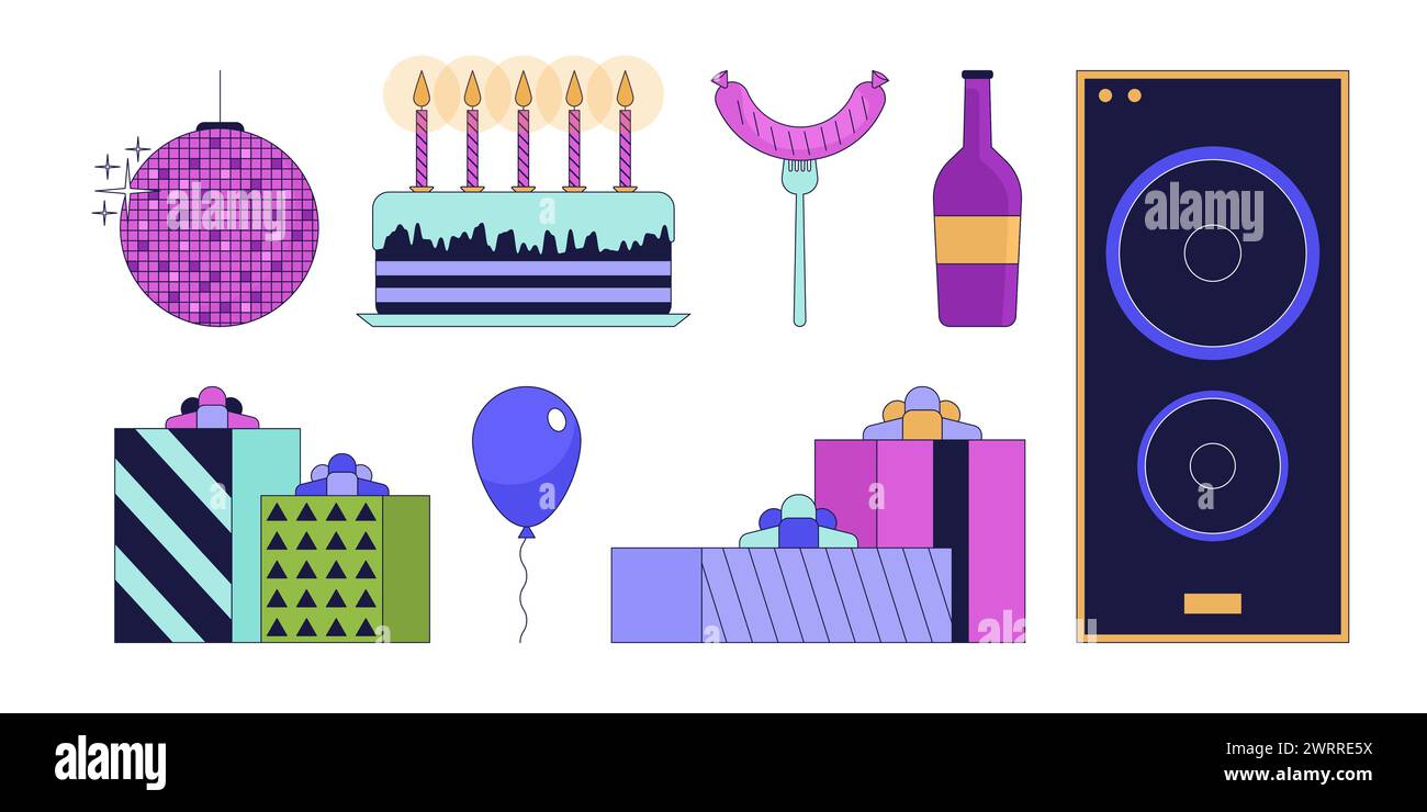 Birthday party celebration 2D linear cartoon objects set Stock Vector ...