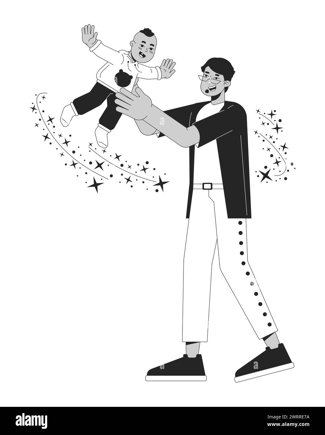 Happy father tossing child in air black and white 2D line cartoon ...