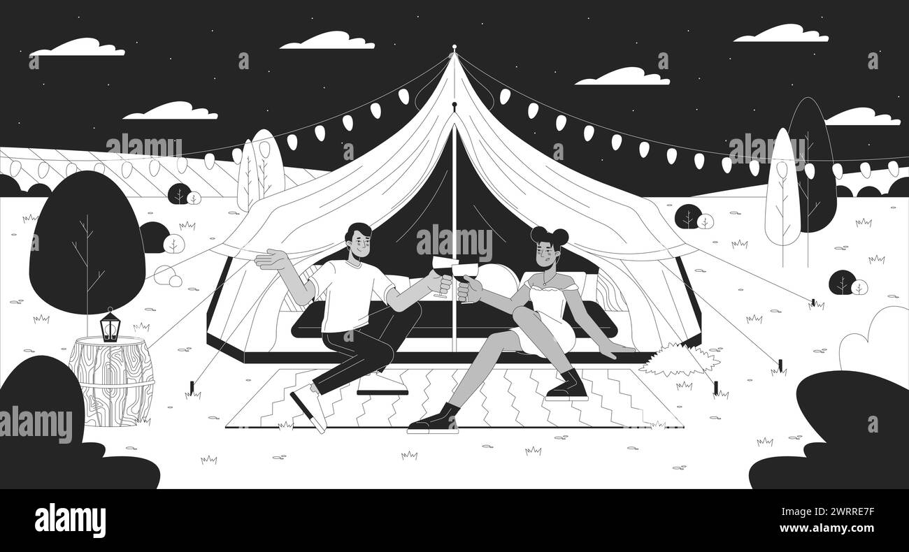 Romantic glamping people black and white line illustration Stock Vector ...