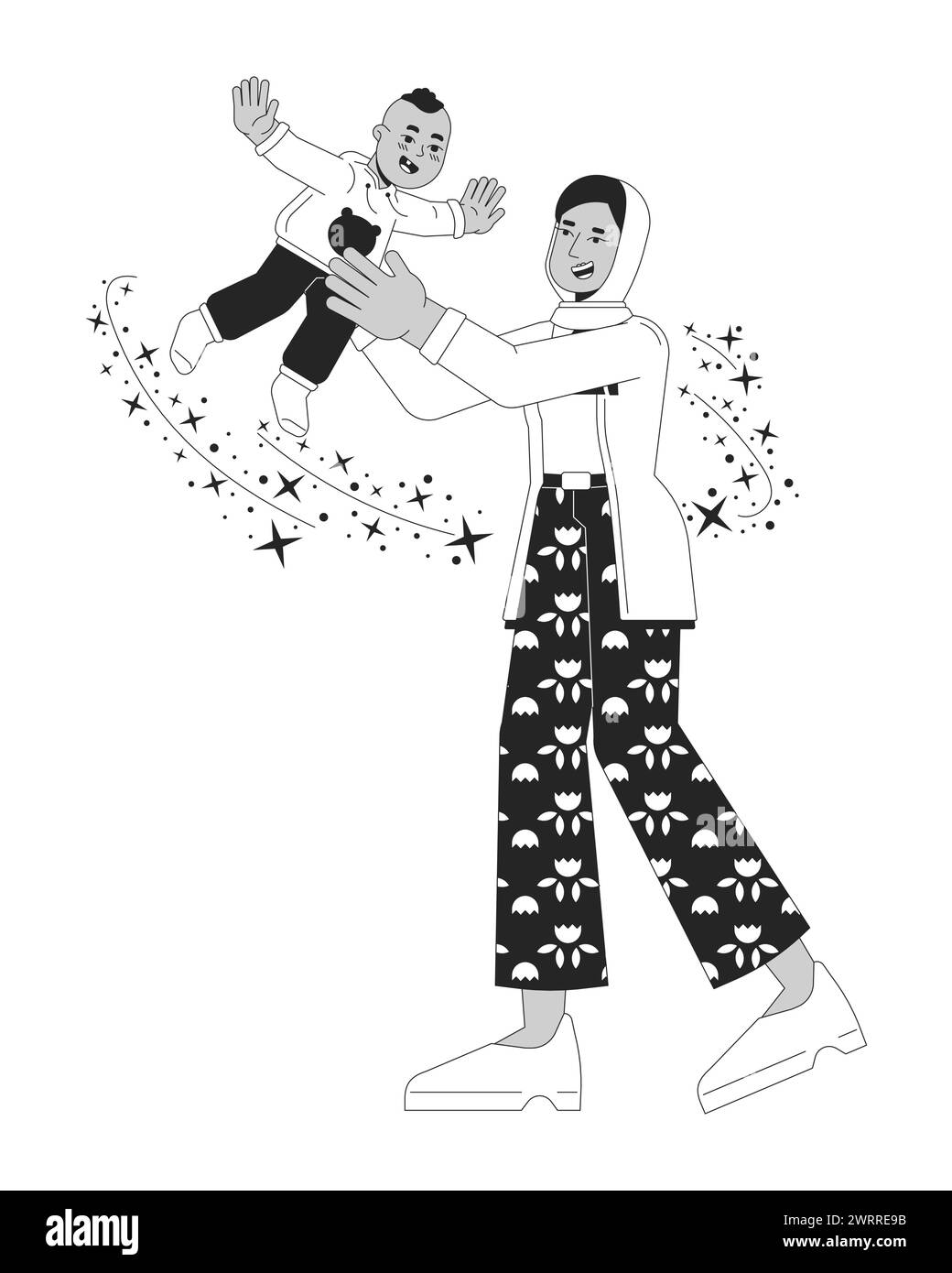 Affectionate mother throwing infant in air black and white 2D line ...