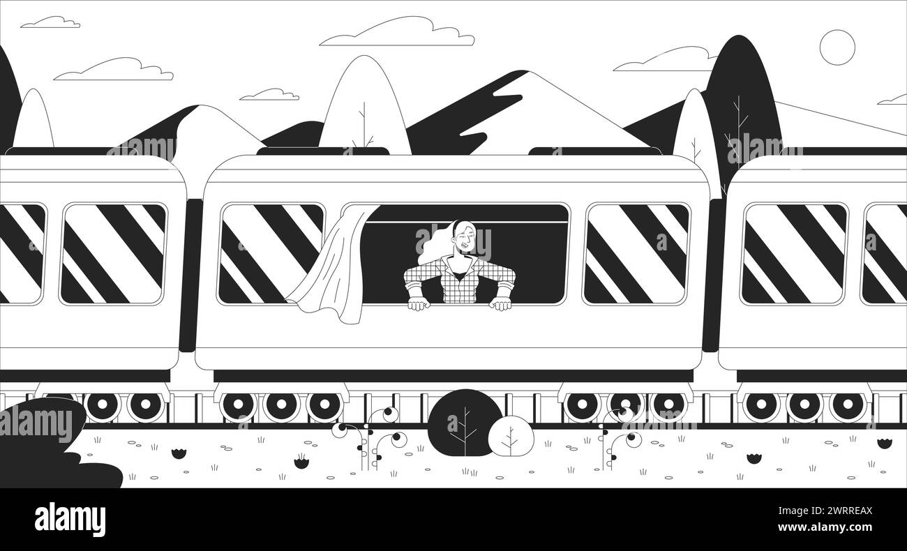 Looking out of train window black and white line illustration Stock ...