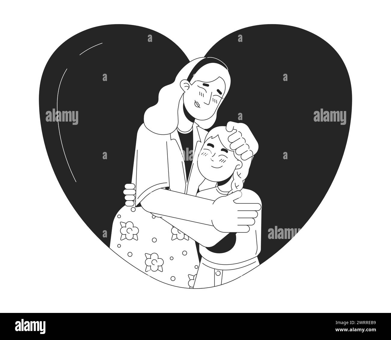 Heart Shaped Young Daughter Mother Hug Black And White 2d Line Cartoon