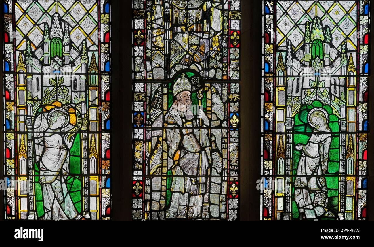 Fourteenth century stained glass window of a bishop, at Christ Church ...