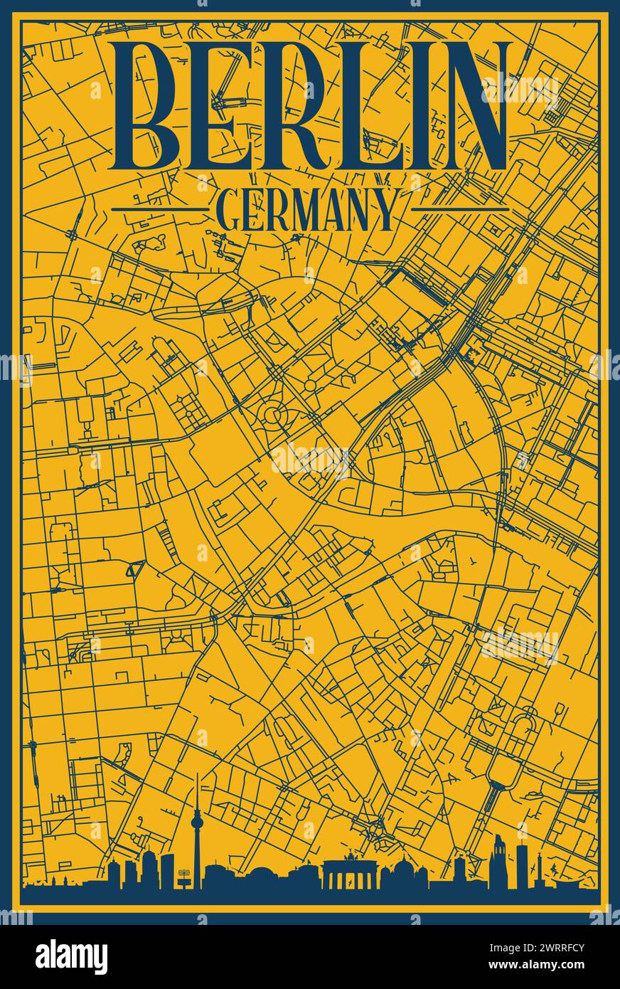 Hand-drawn city road network and skyline poster of the downtown BERLIN ...