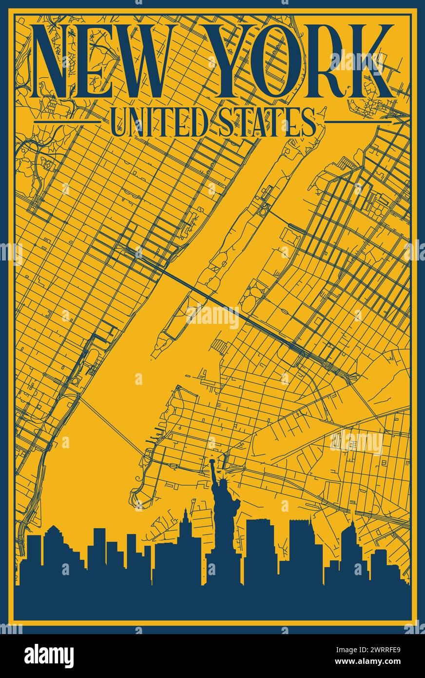 Hand-drawn city road network and skyline poster of the downtown NEW ...