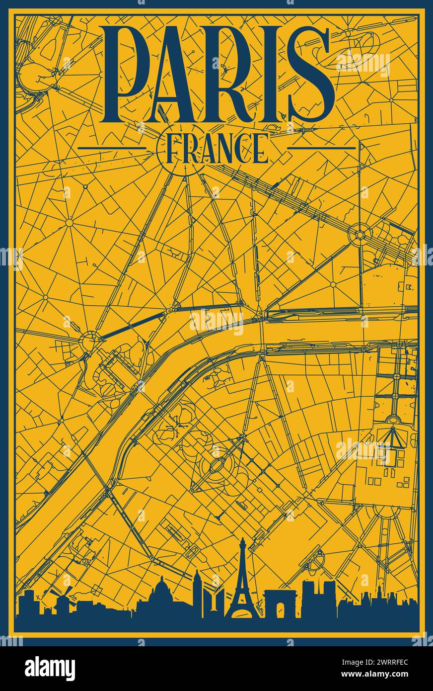 Hand-drawn city road network and skyline poster of the downtown PARIS ...