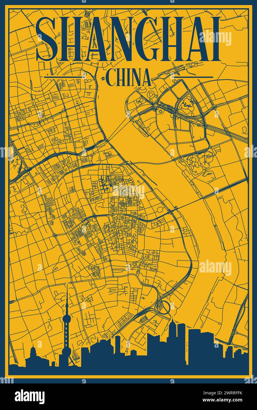 Hand-drawn city road network and skyline poster of the downtown ...