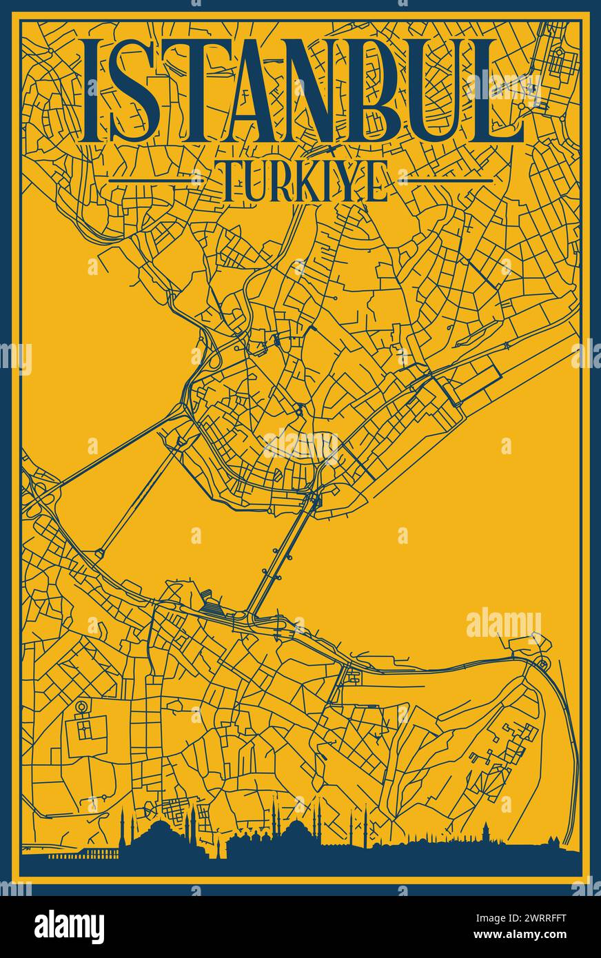 Hand-drawn city road network and skyline poster of the downtown ...