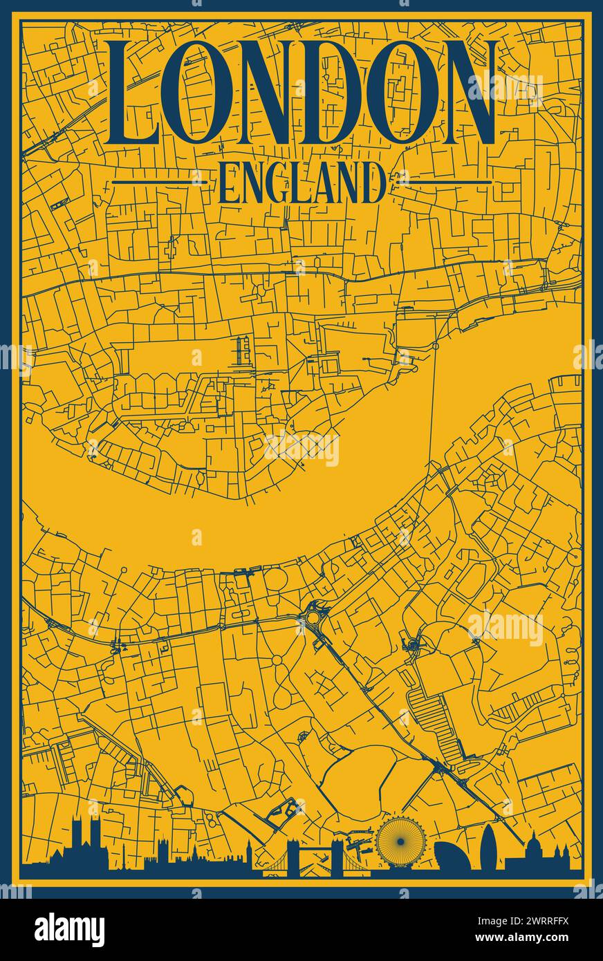 Hand-drawn city road network and skyline poster of the downtown LONDON ...