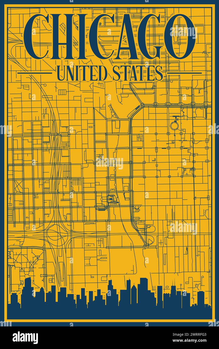 Hand-drawn city road network and skyline poster of the downtown CHICAGO ...