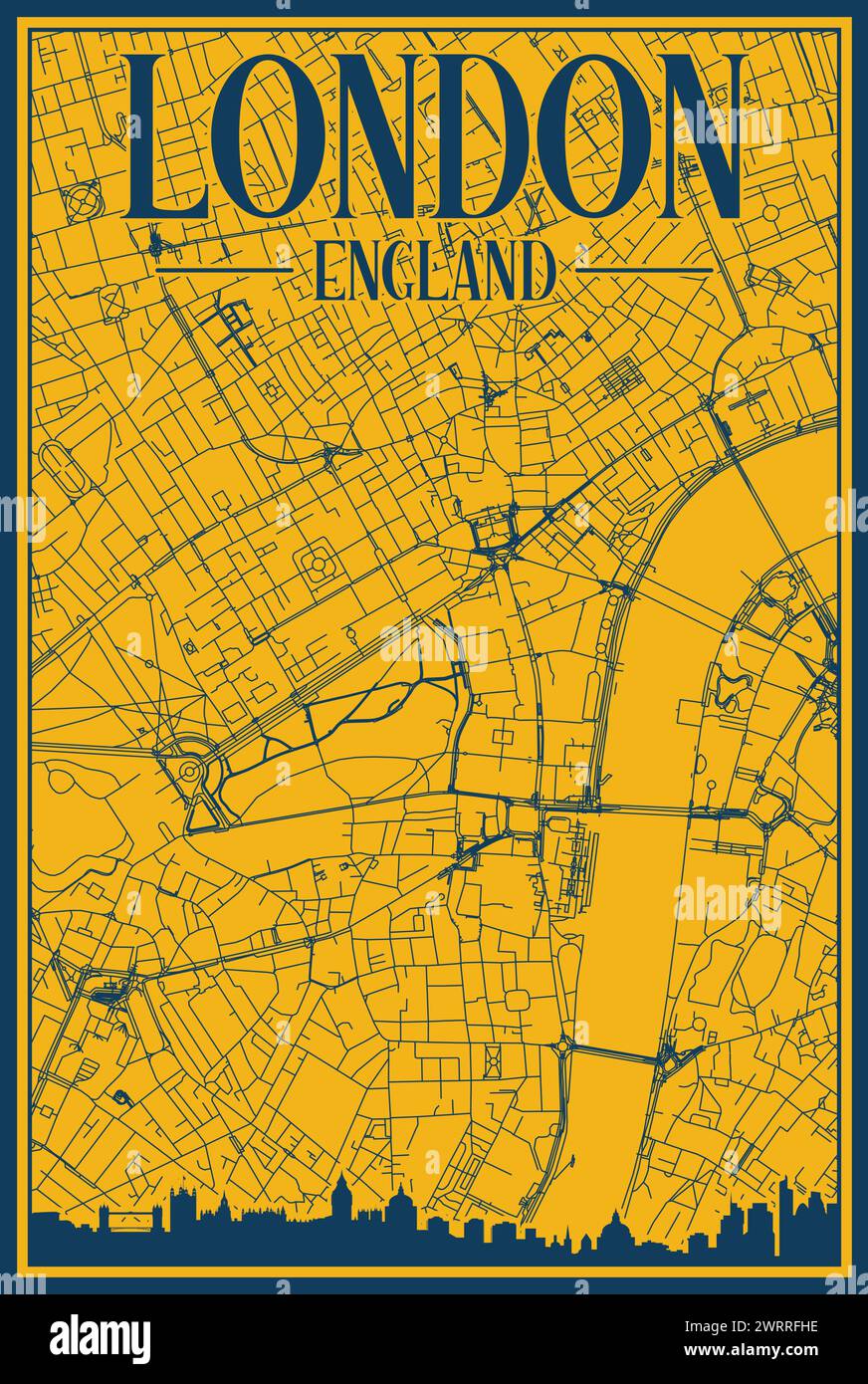 Hand-drawn city road network and skyline poster of the downtown LONDON ...