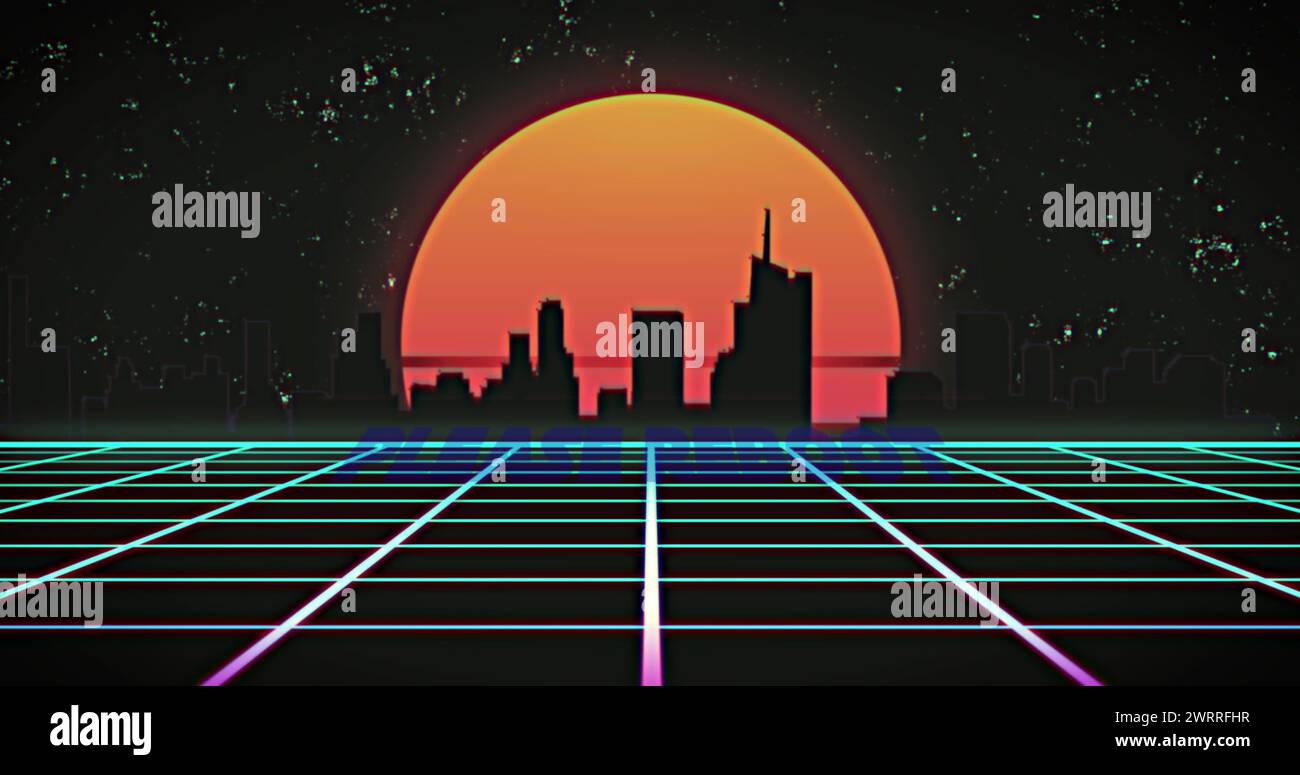 Image of please reboot text over a grid and digital sunset Stock Photo ...