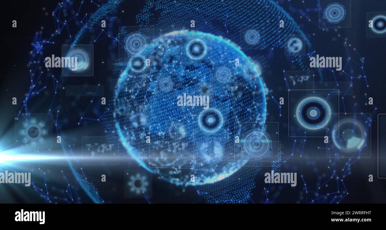 Composition of data processing and scopes scanning over globe Stock ...