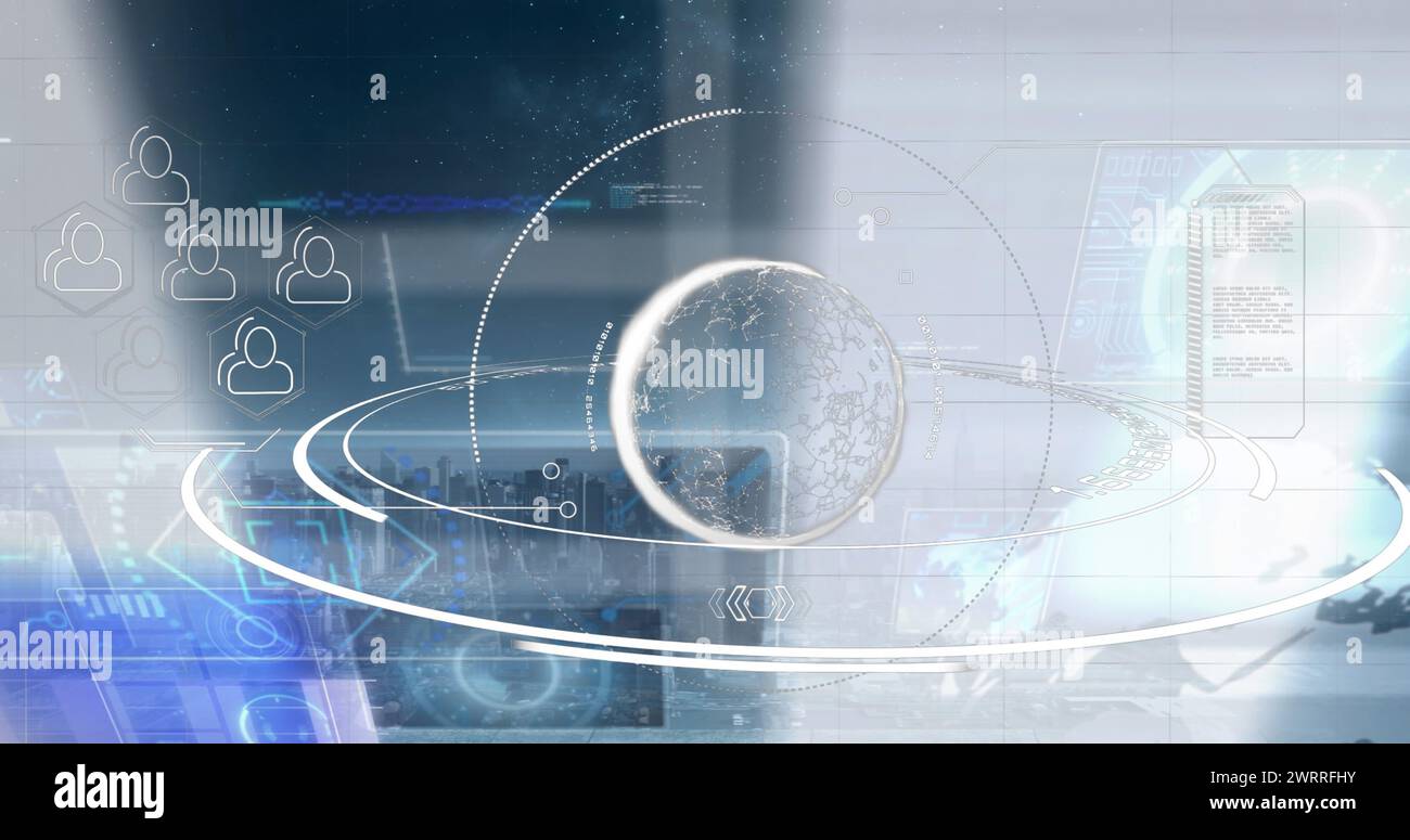 Composition of data processing on screens over globe and cityscape ...