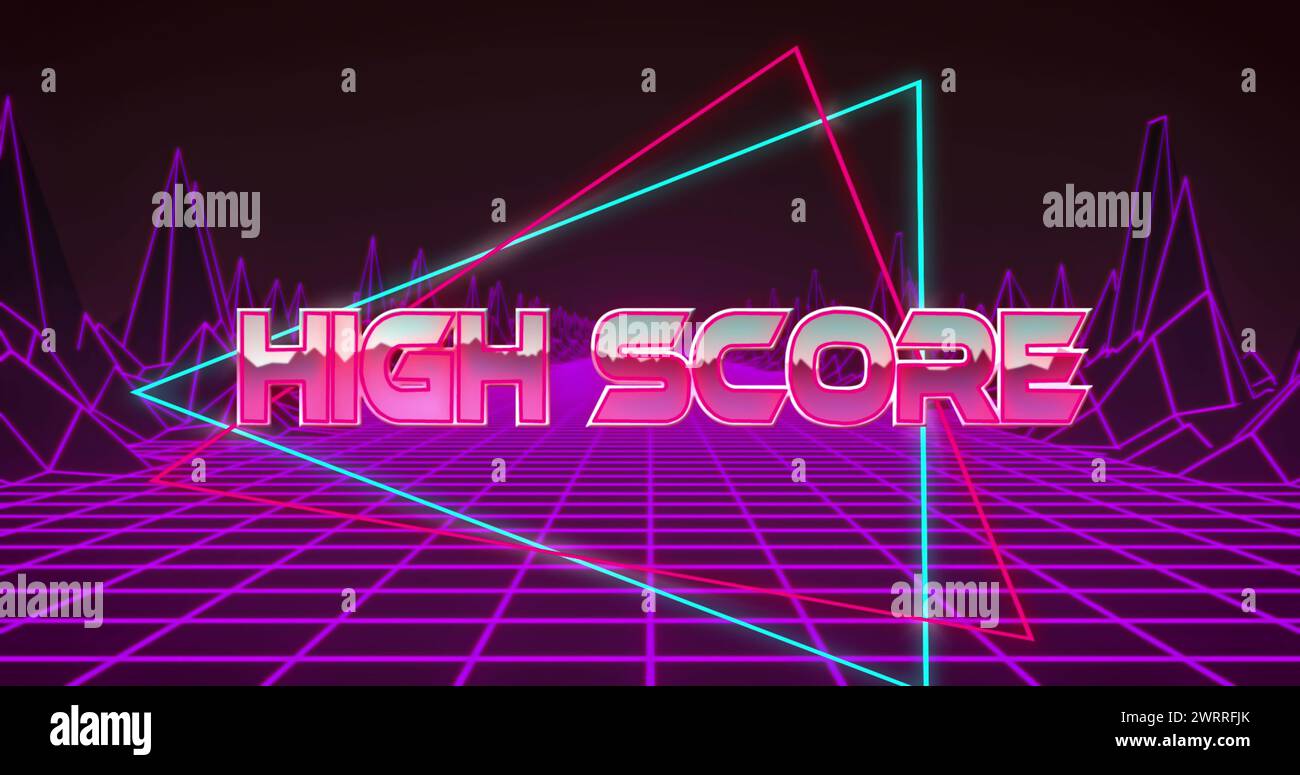 Image of high score text over colourful grid and digital terrain Stock ...