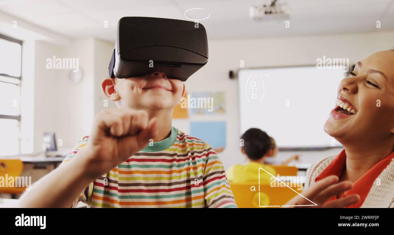 Composite image of math concept icons against caucasian boy wearing a ...