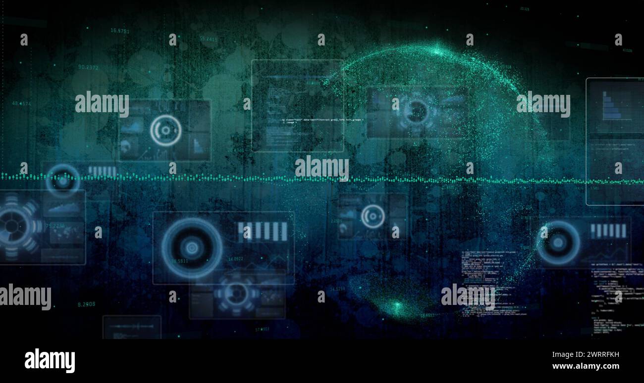 Composition of data processing and scopes scanning on screens over globe Stock Photo - Alamy