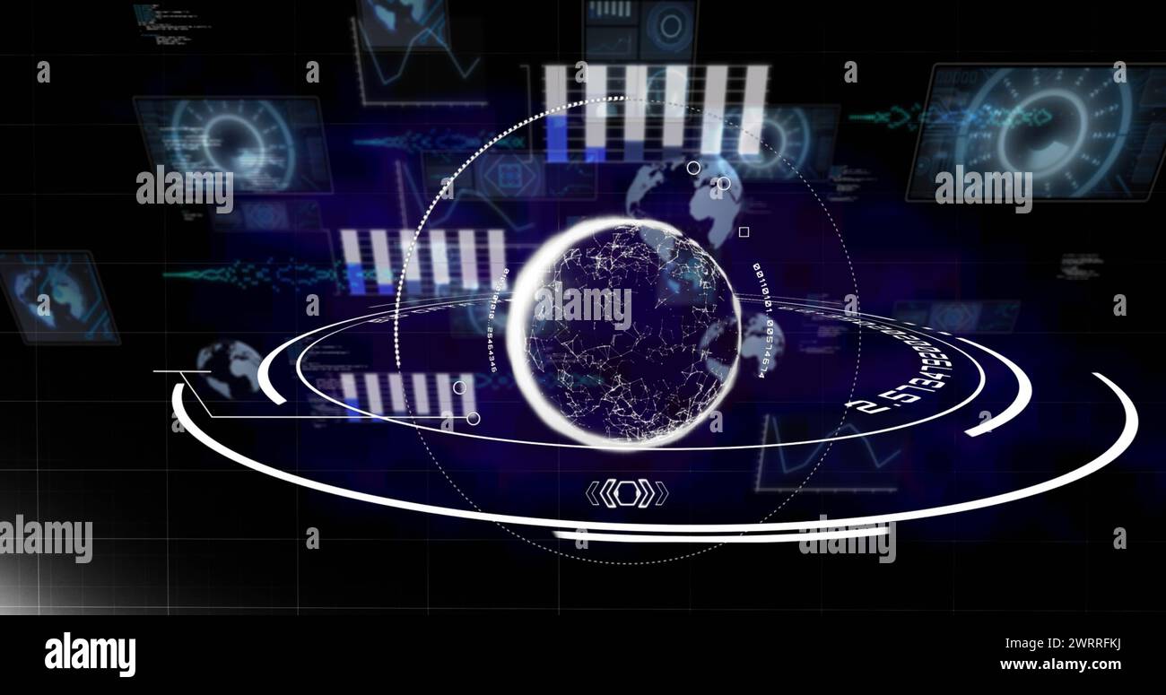 Composition of data processing with statistics over globe on blue ...