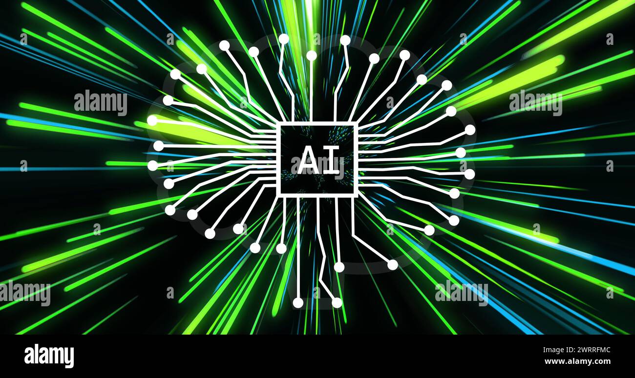 Image of artificial intelligence over green and blue neon light trails ...
