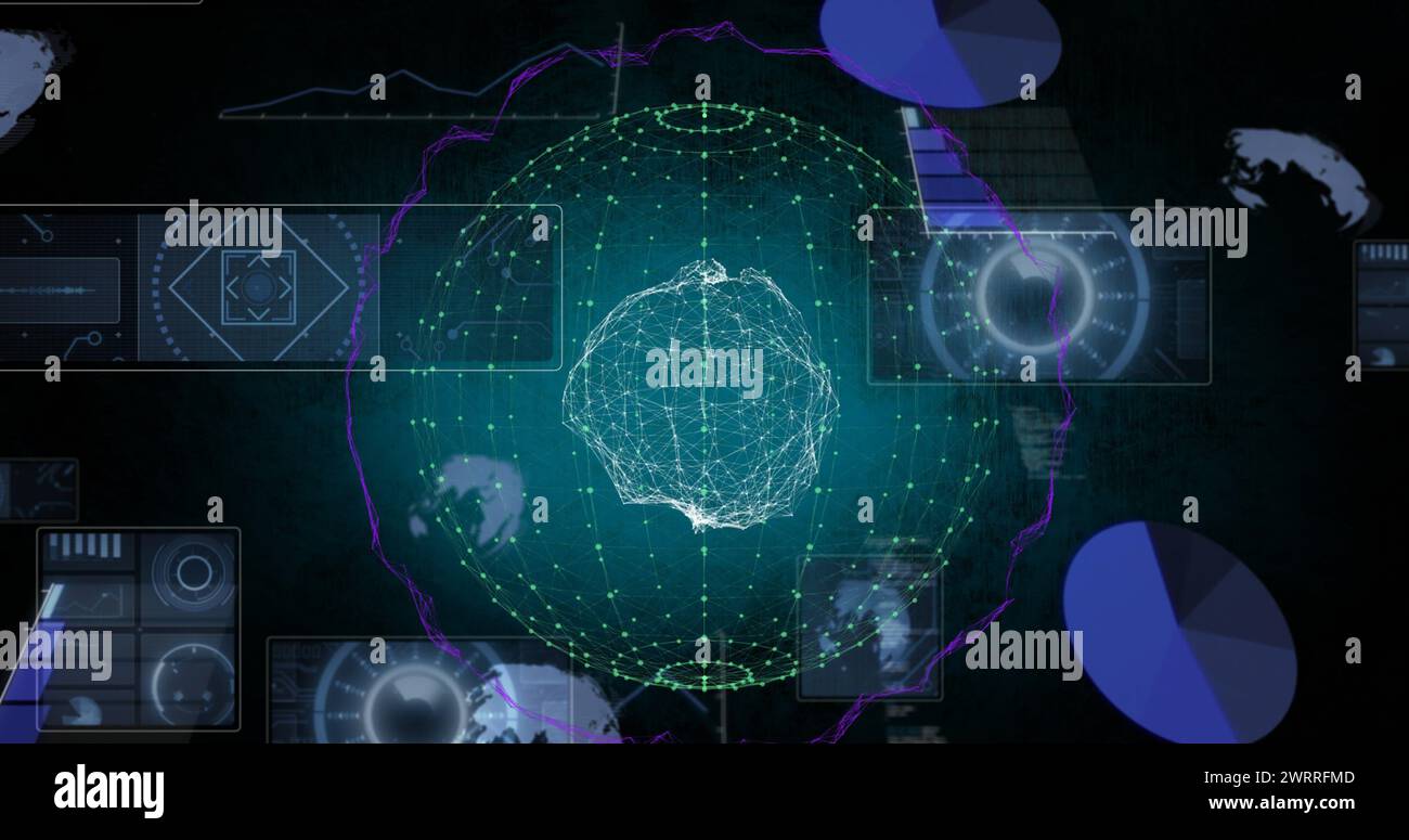 Composition of data processing on screens over globe Stock Photo - Alamy