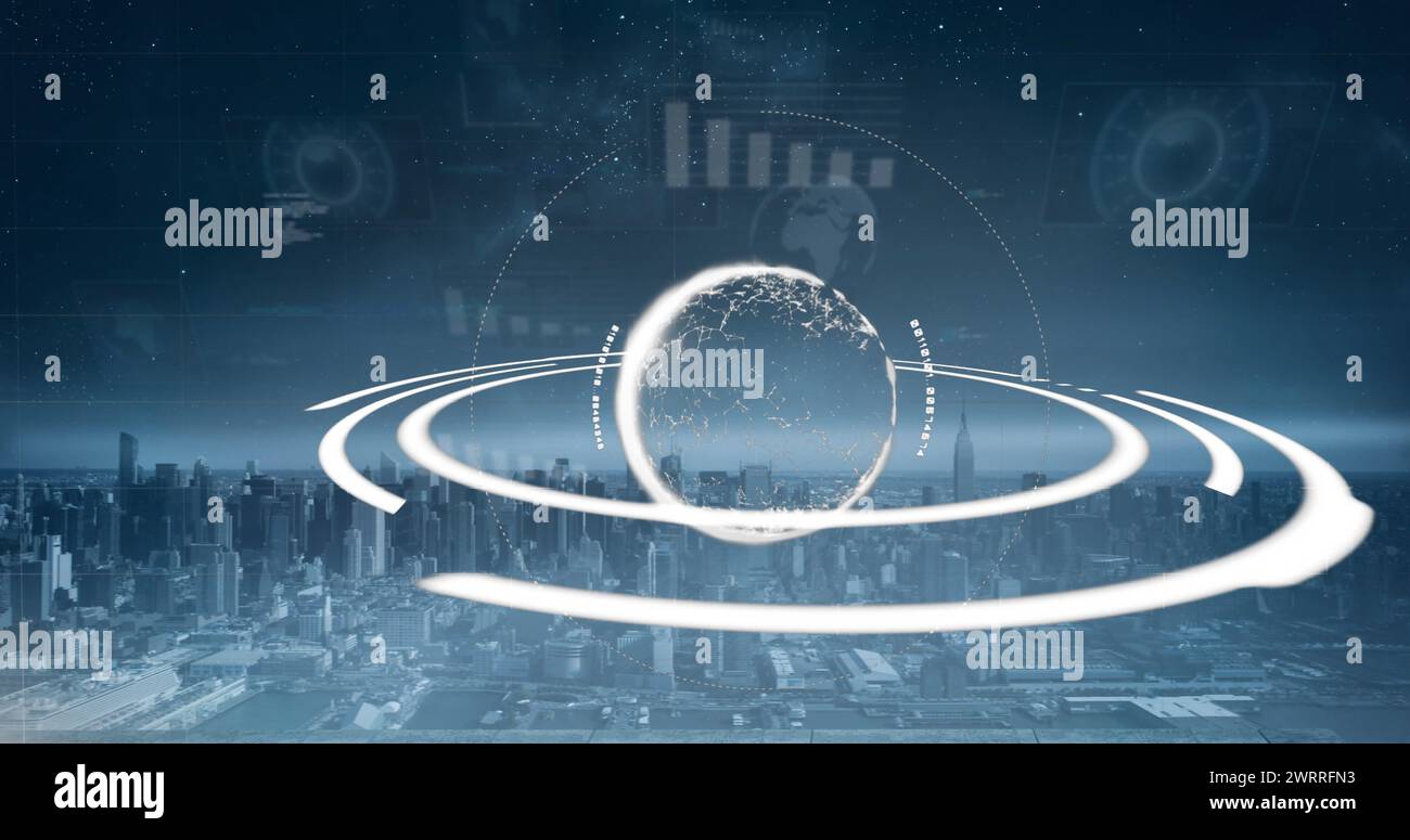 Composition of data processing on screens over globe and cityscape Stock Photo - Alamy