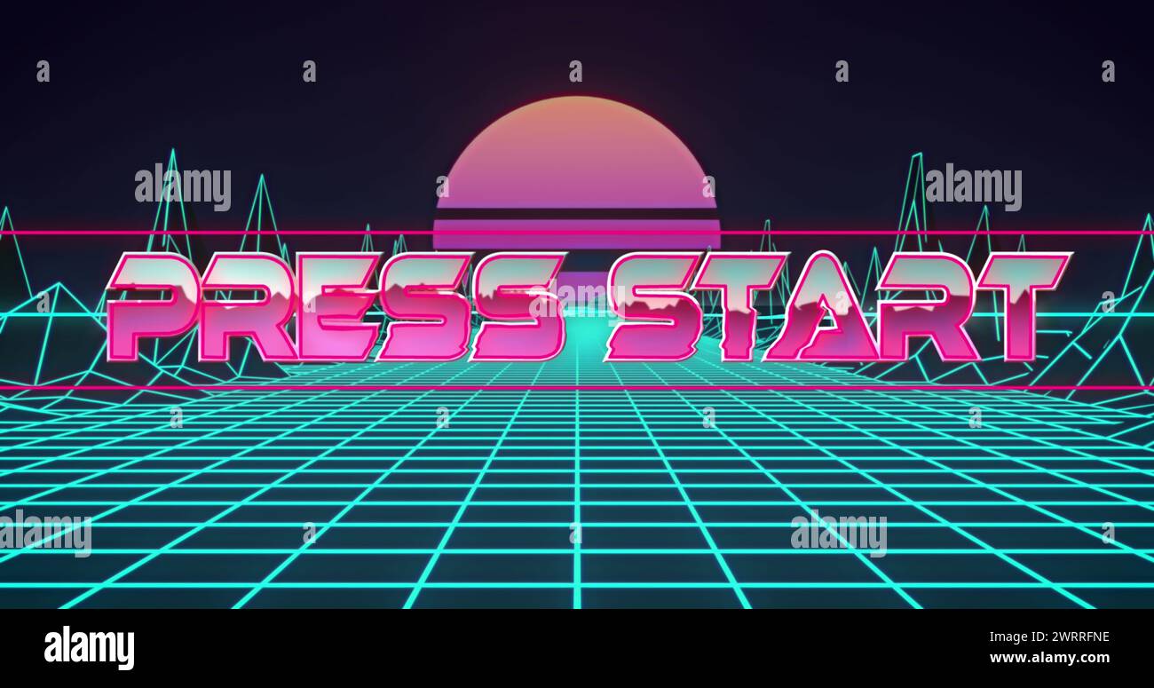 Image of press start text over a grid and digital terrain Stock Photo ...