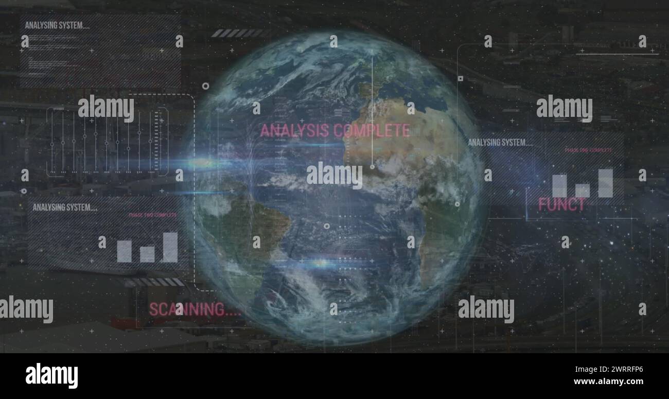 Image Of Computer Language Graphs Texts And Lens Flare Against Rotating Globe Digitally
