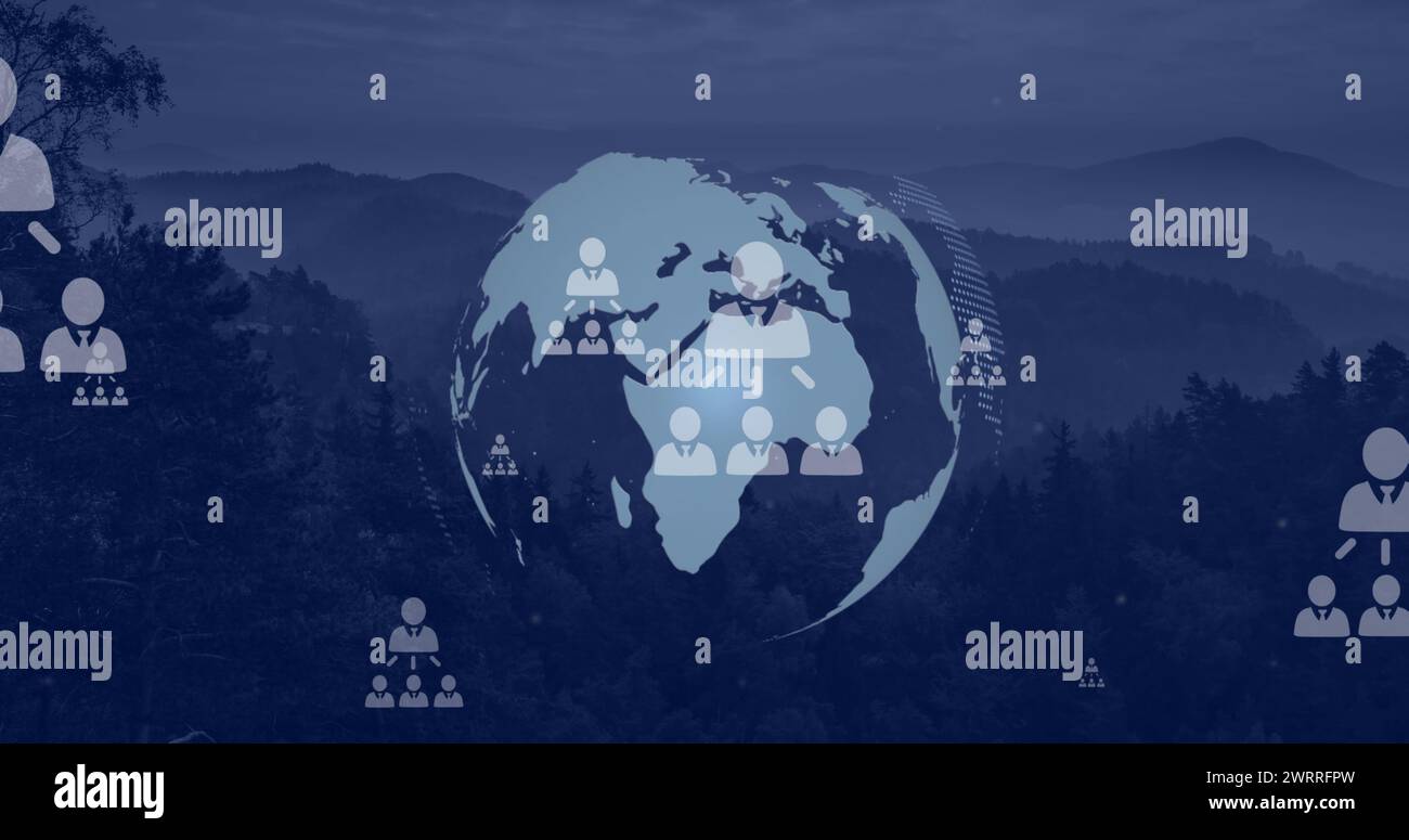 Composition of people icons over globe and landscape Stock Photo - Alamy