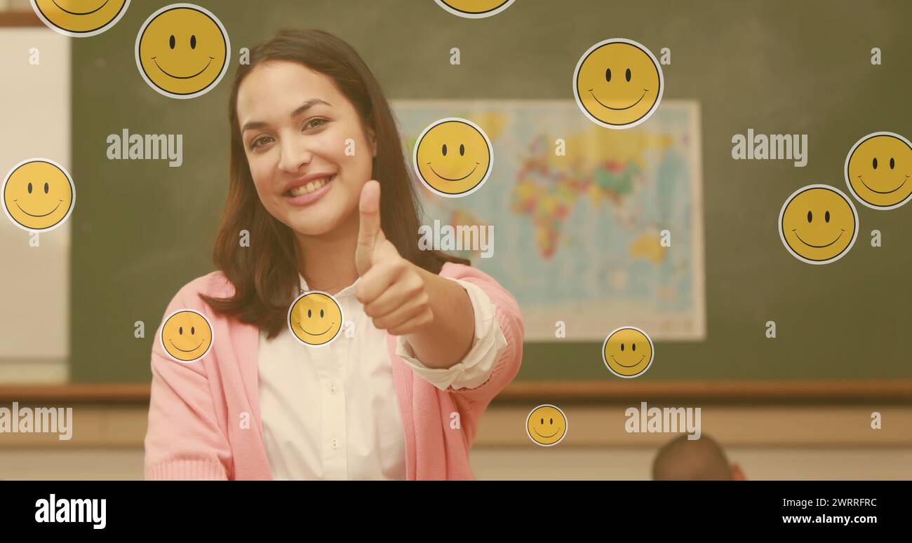 Composite image of smiley face emojis floating against caucasian female ...