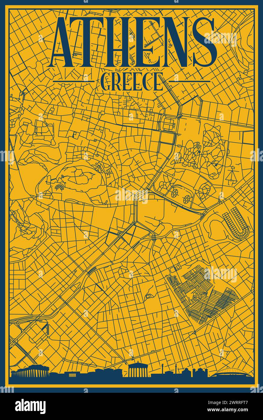 Hand-drawn city road network and skyline poster of the downtown ATHENS ...