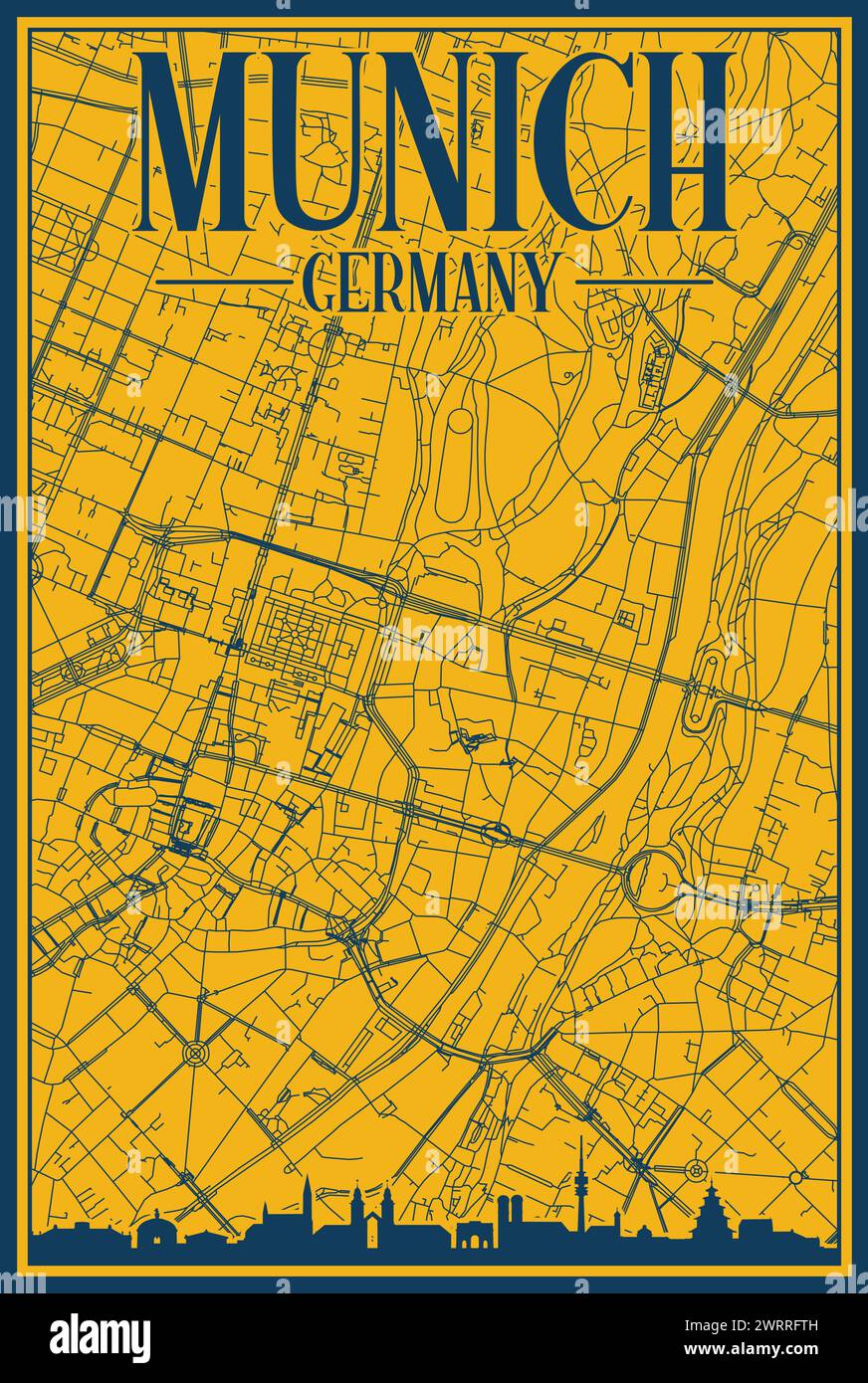 Hand-drawn city road network and skyline poster of the downtown MUNICH ...