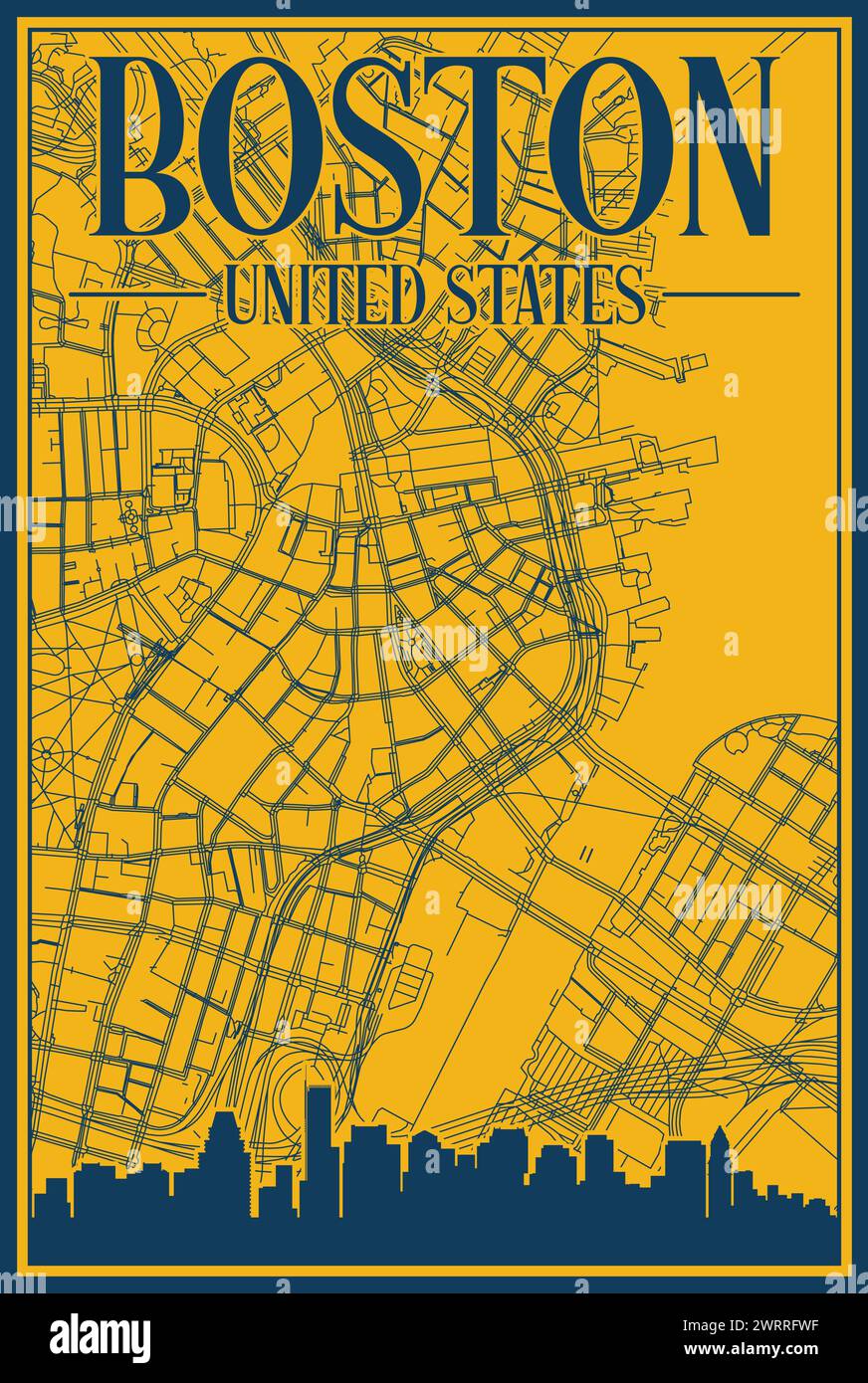 Hand-drawn city road network and skyline poster of the downtown BOSTON ...