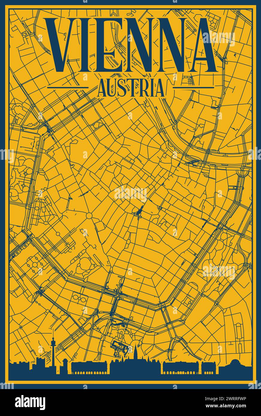 Hand-drawn city road network and skyline poster of the downtown VIENNA ...