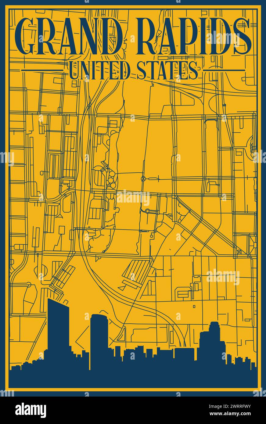 Hand-drawn city road network and skyline poster of the downtown GRAND ...