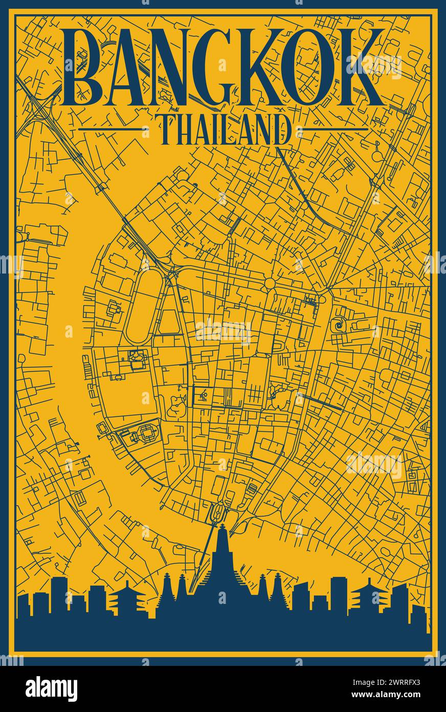 Hand-drawn city road network and skyline poster of the downtown BANGKOK ...