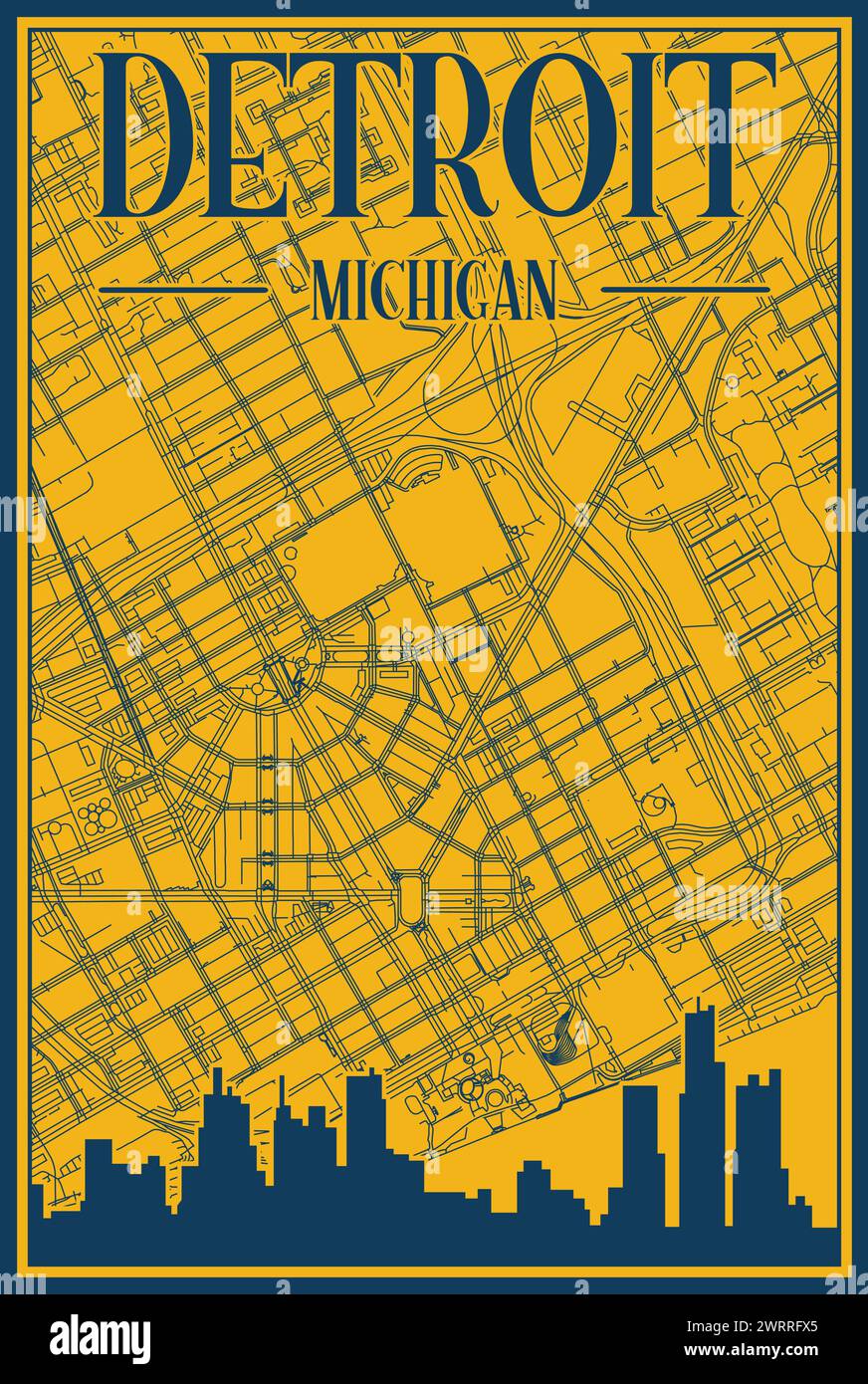 Hand-drawn city road network and skyline poster of the downtown DETROIT ...