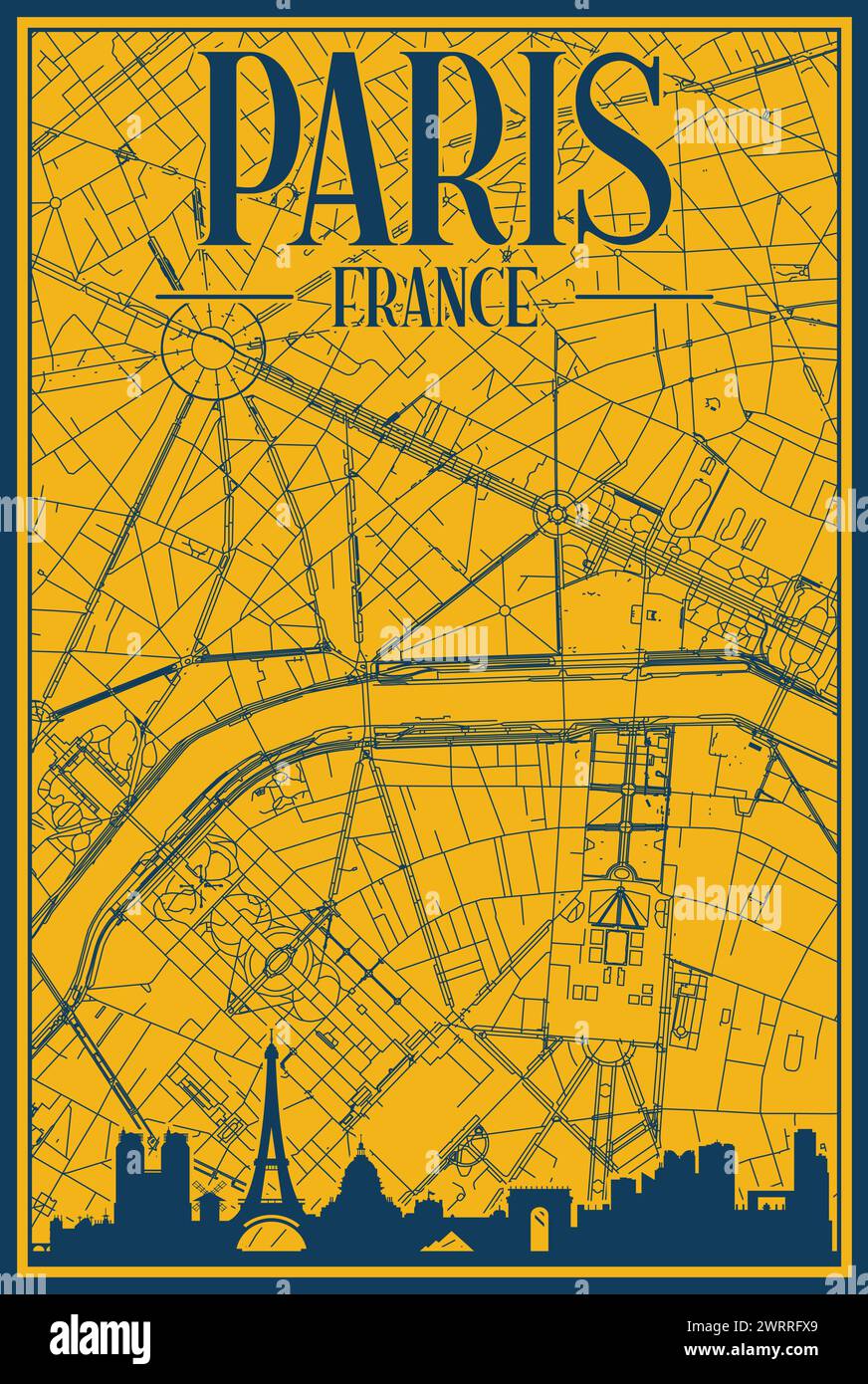 Hand-drawn city road network and skyline poster of the downtown PARIS ...