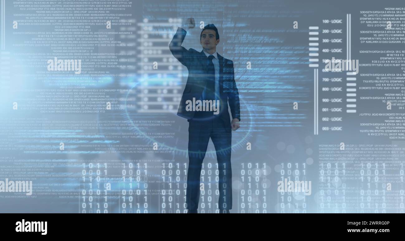 Image of diverse computer data over caucasian businessman knocking ...