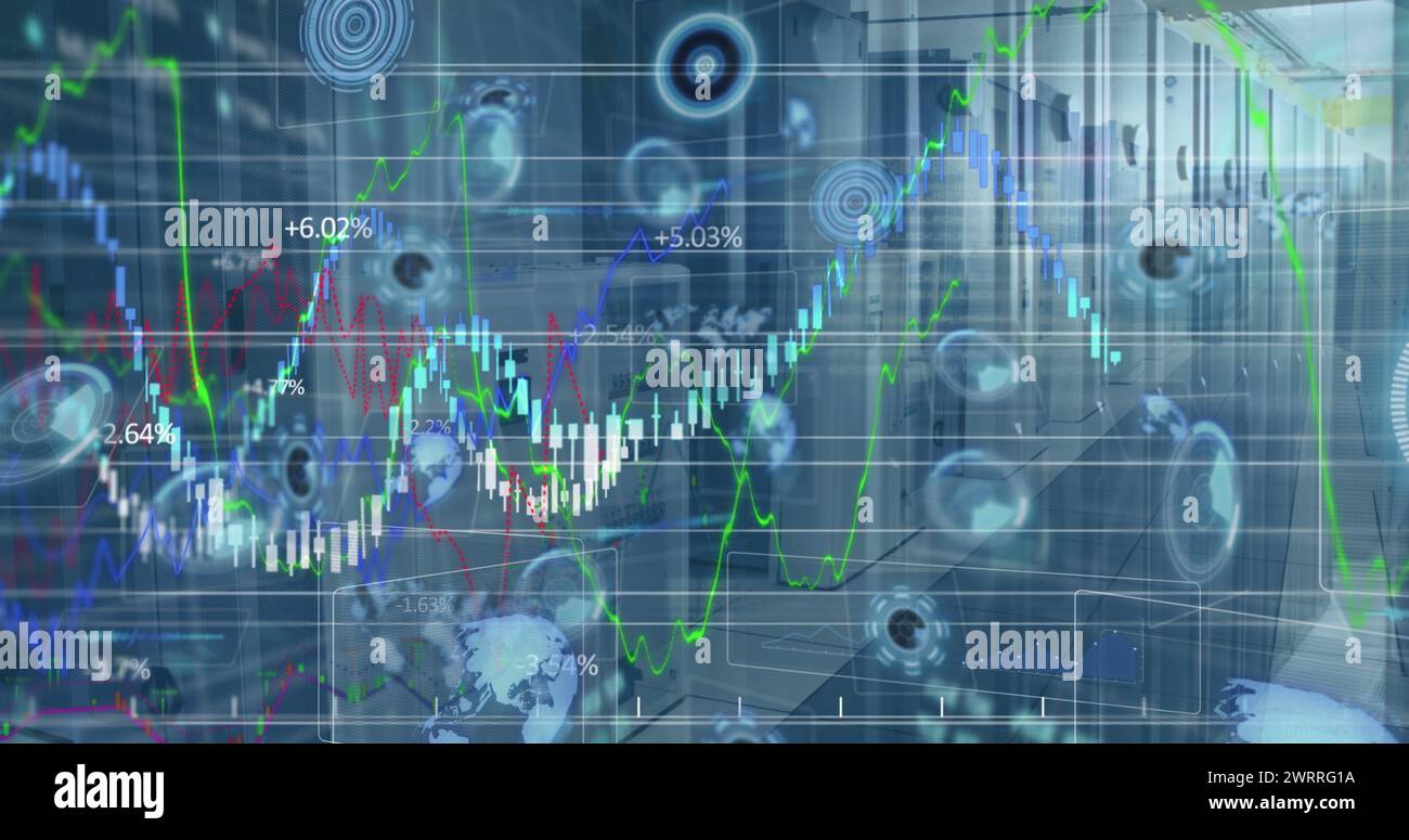 Image of financial data processing and multiple round scanners over empty computer server room ...