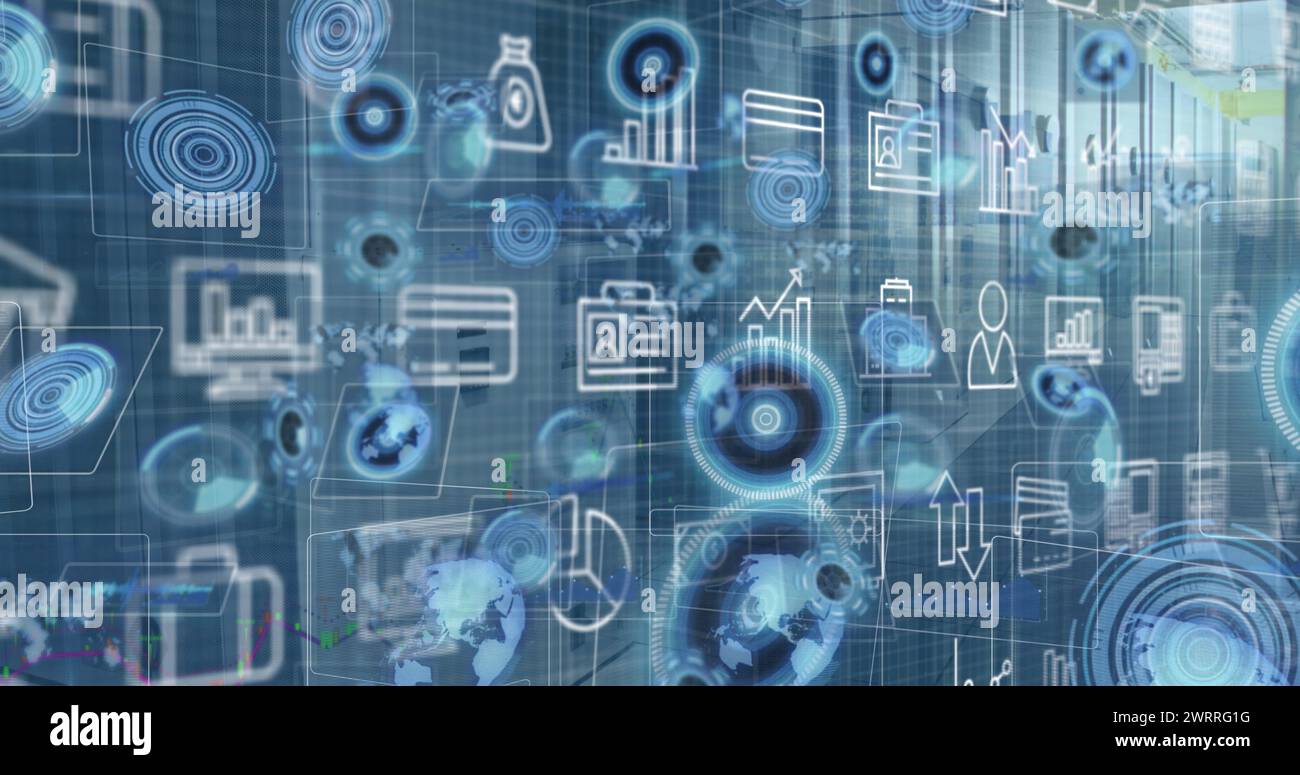 Image of digital icons and multiple round scanners against computer ...