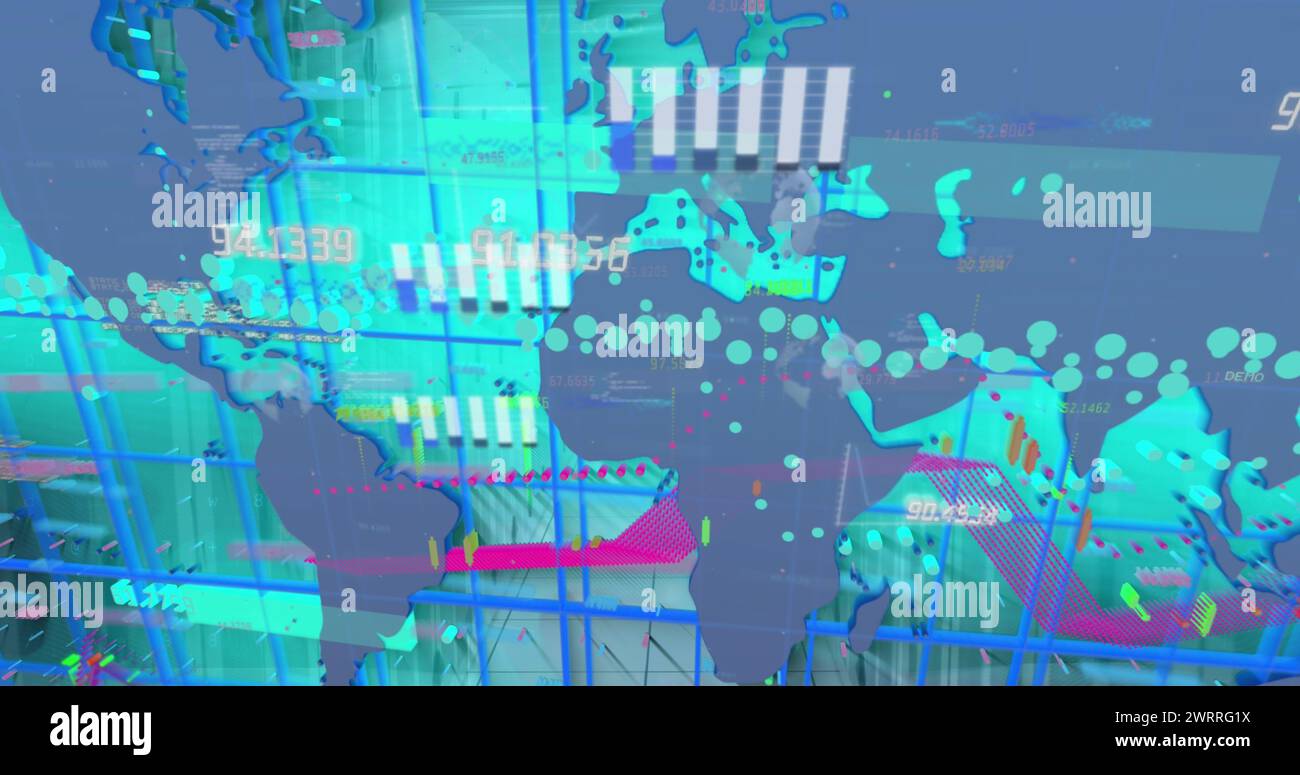 Image of statistics and data processing over world map and grid ...