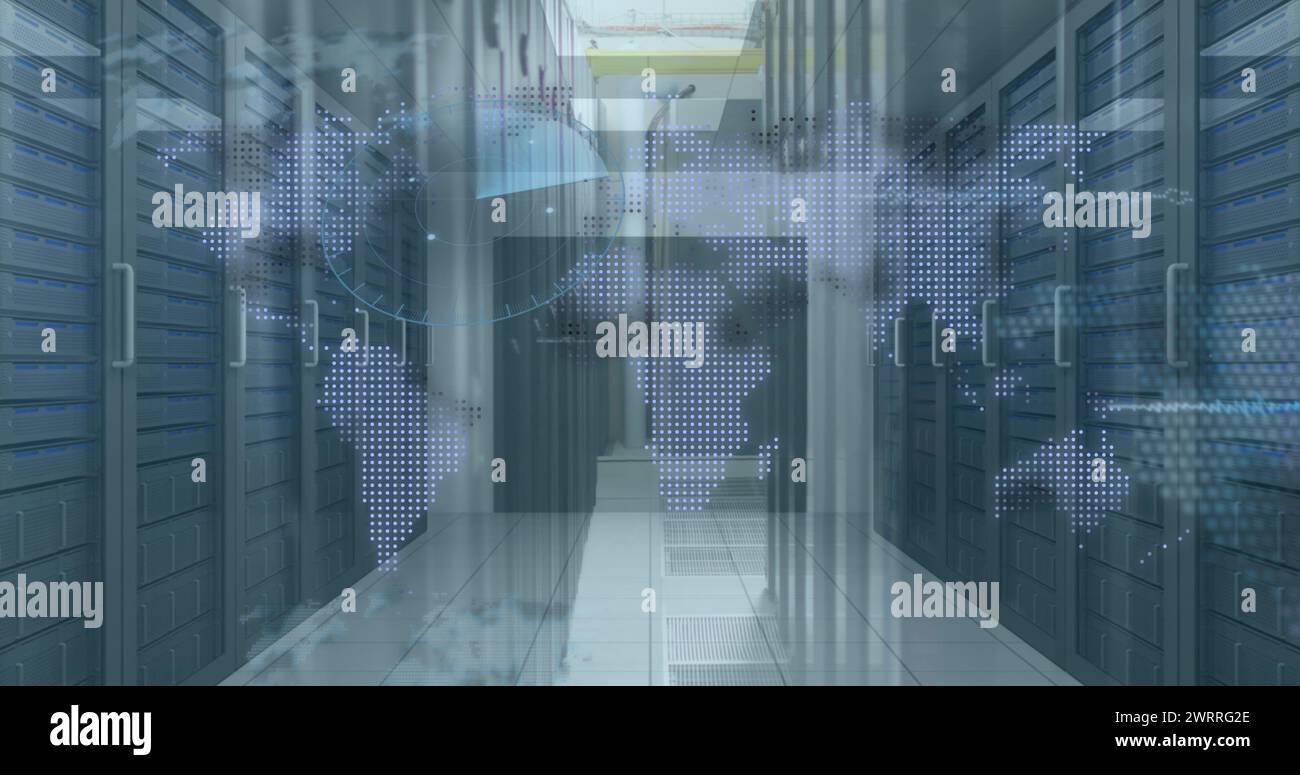 Image of data processing over world map against empty computer server room Stock Photo - Alamy
