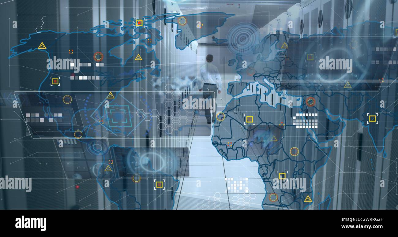 Image Of Data Processing Over World Map Against Caucasian Male Engineer Walking In Server Room