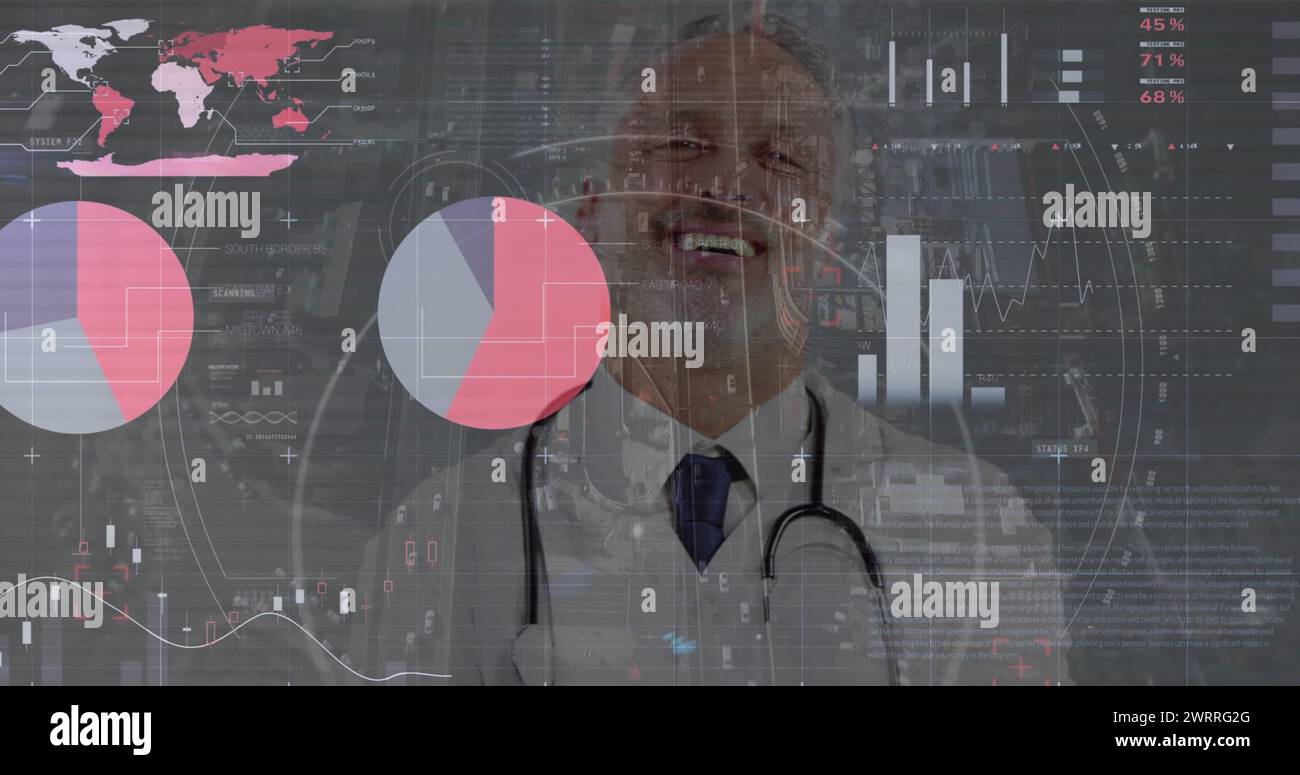 Image of data processing and scope scanning with cityscape over ...