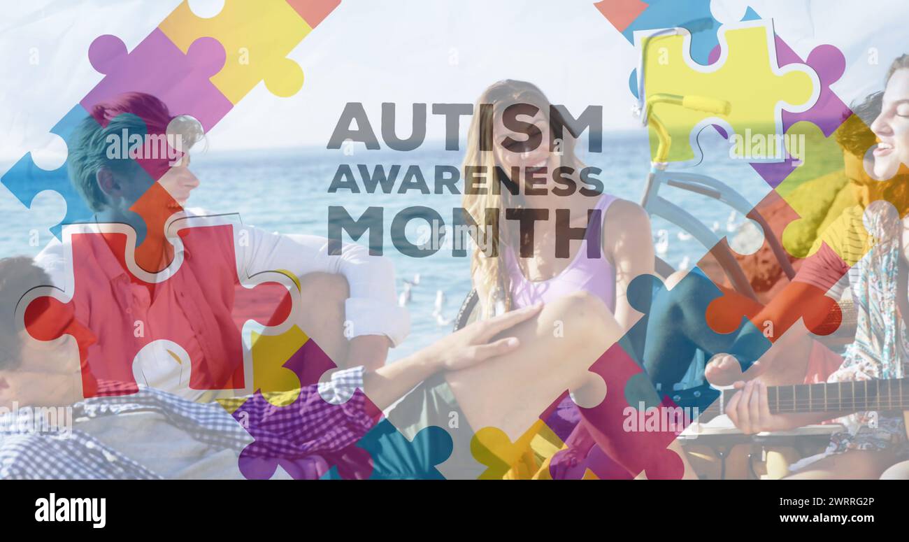 Image of colourful puzzle pieces and autism text over happy friends at ...