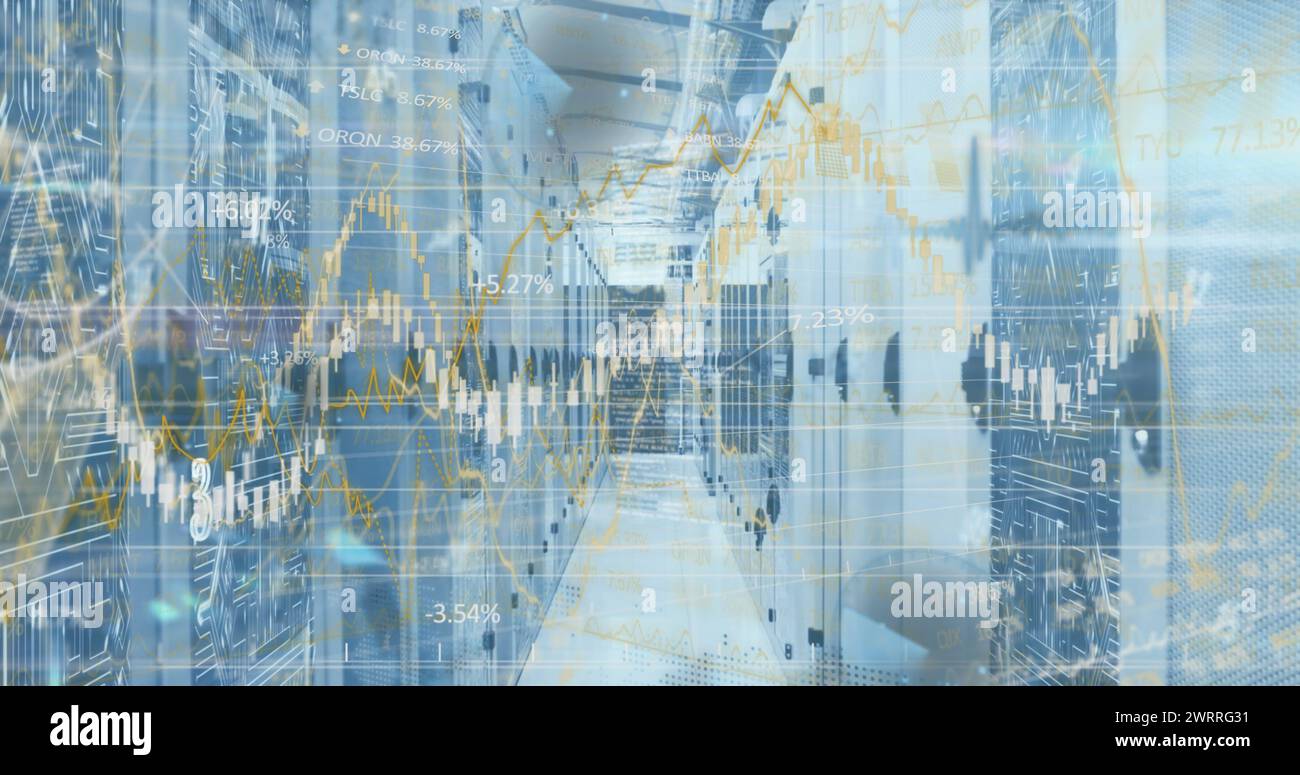 Image Of Financial Data Processing Over Microprocessor Connections Against Computer Server Room