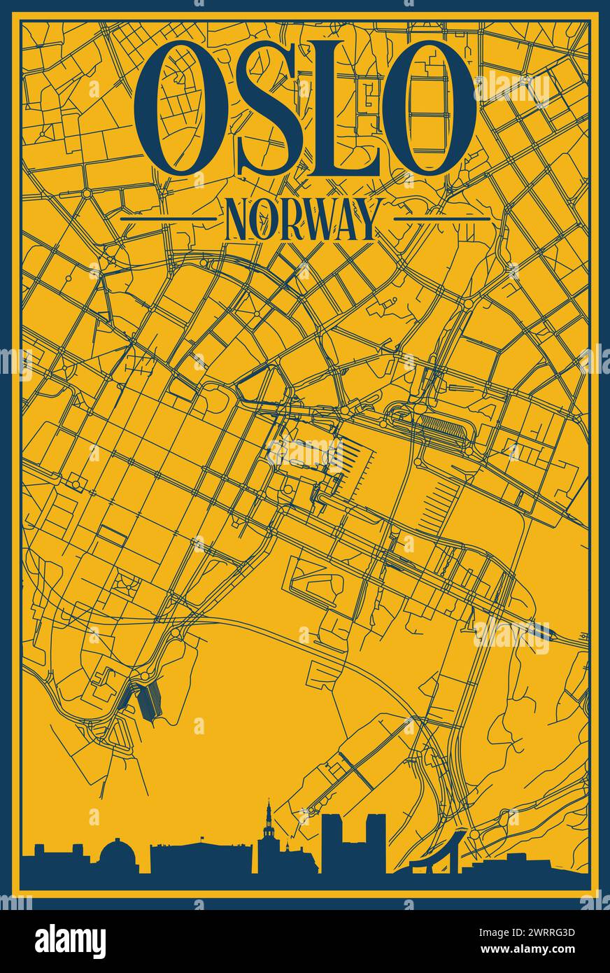 Hand-drawn city road network and skyline poster of the downtown OSLO ...
