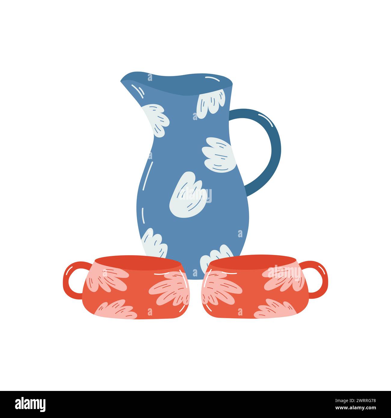 Vintage hand drawn Jug with mugs Isolated on a white background ...