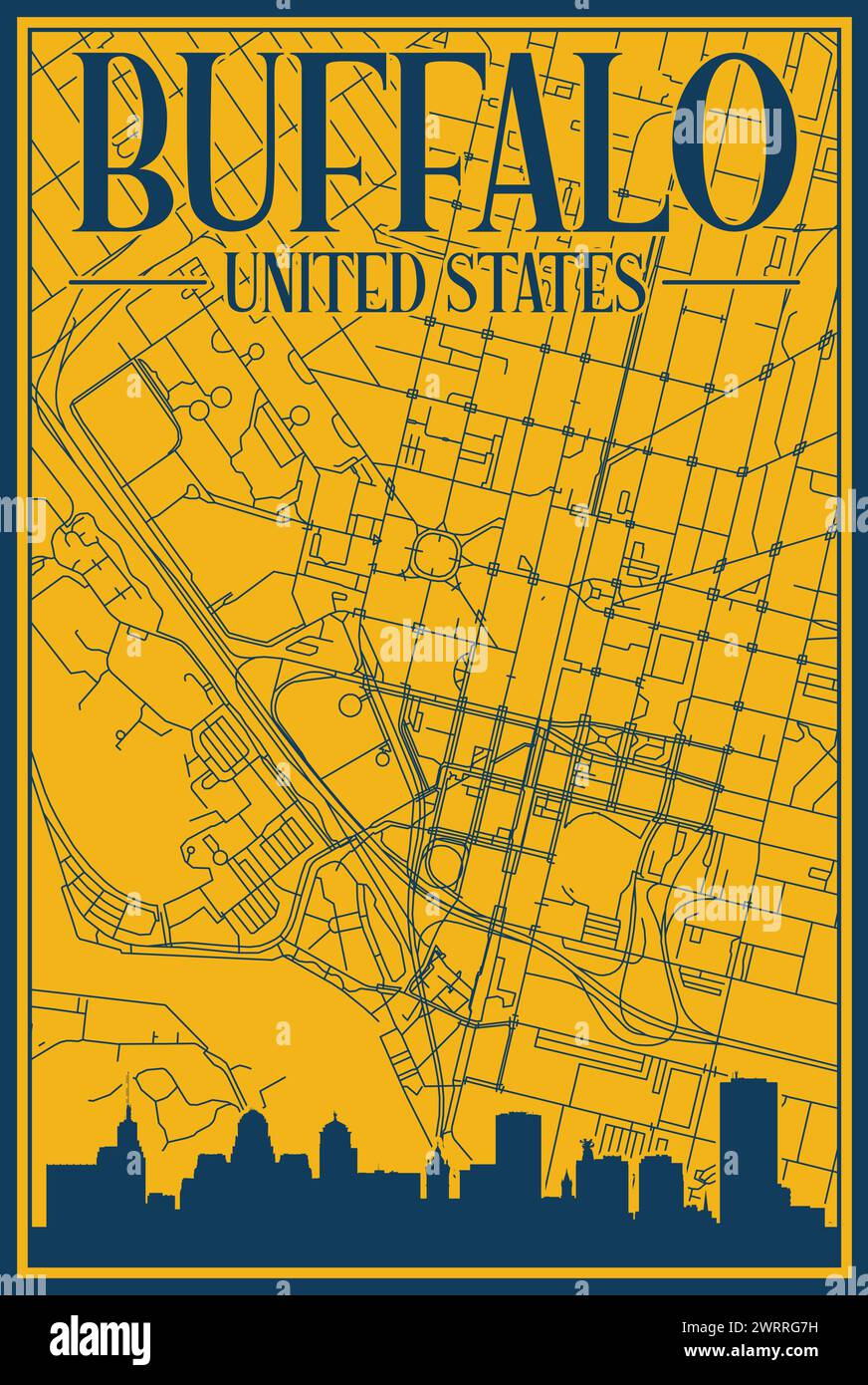 Hand-drawn city road network and skyline poster of the downtown BUFFALO ...